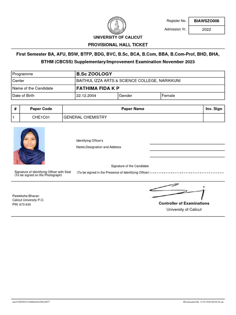 Hallticket BIAWSZO006 21-03-2024 | PDF