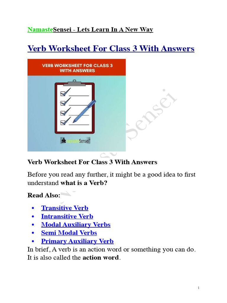 Verb Worksheet For Class 3 | PDF | Verb | Linguistic Typology