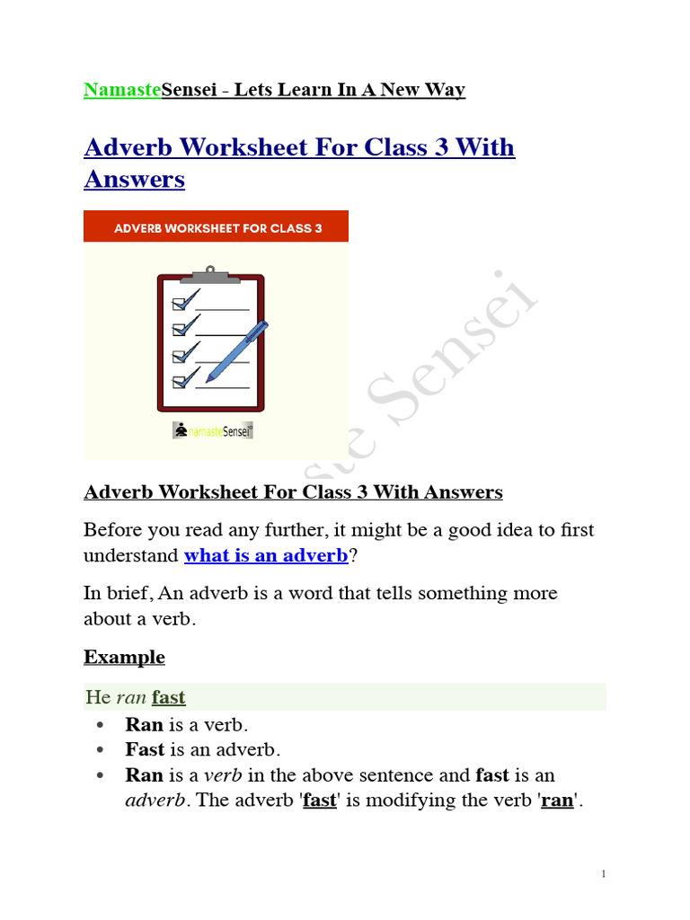 Adverb Worksheet For Class 3 | PDF | Adverb | Syntax