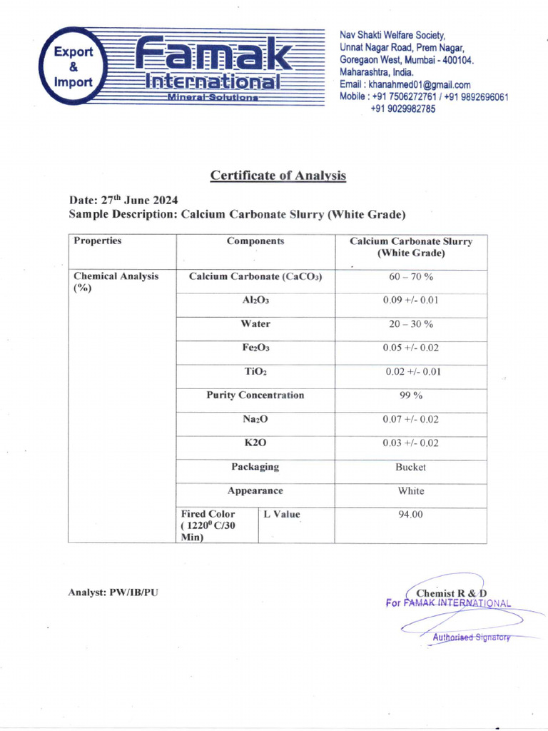 COA - Calcium Carbonate Slurry (White Grade) .. | PDF