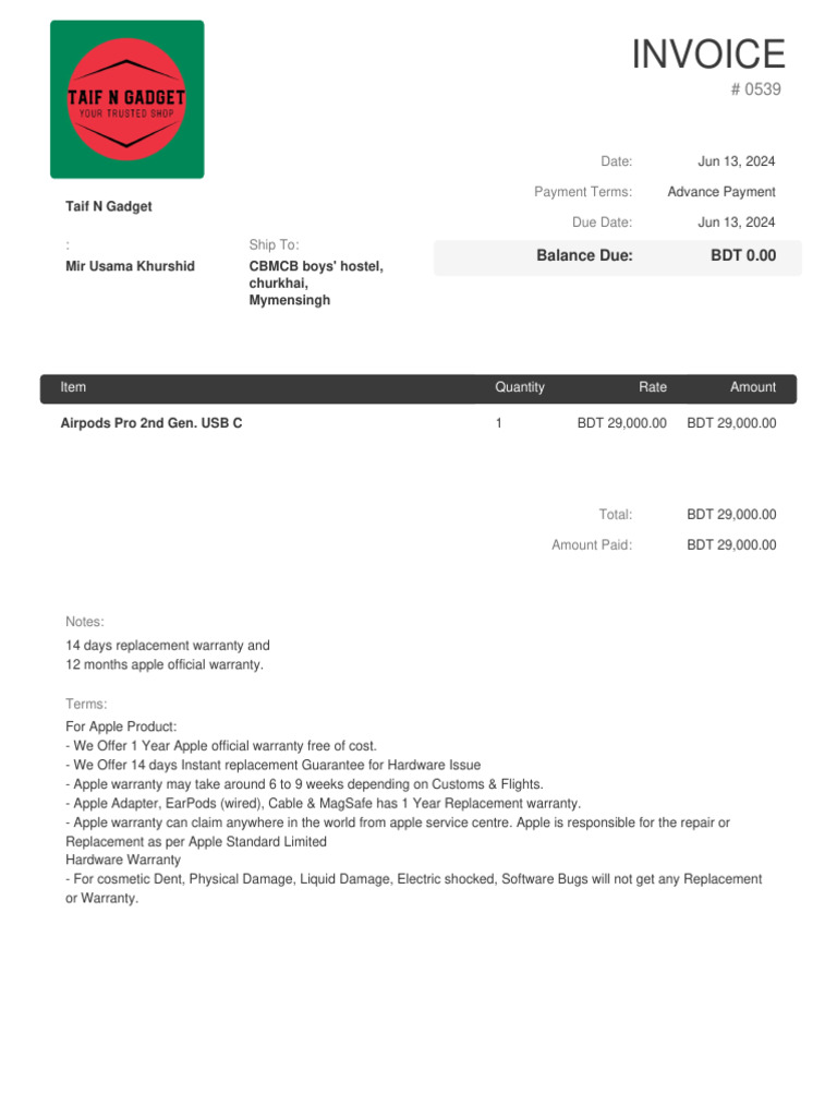 Invoice 0539 Airpods Bill | PDF
