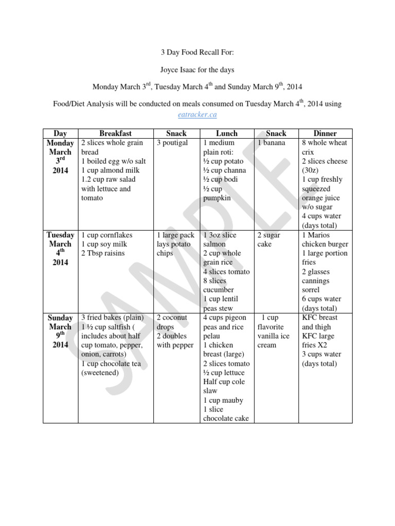 Sample 3 Day Recall Guide | PDF | Meal | Lunch