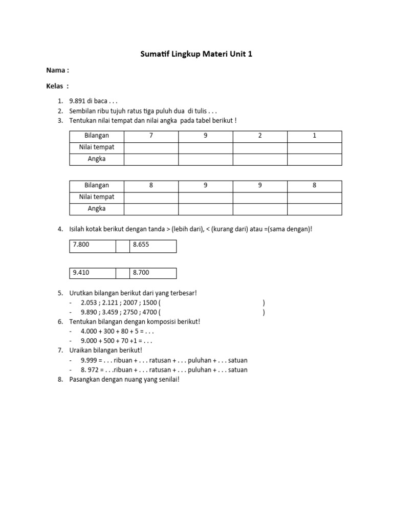 Sumatif Matematika Lingkup Materi Unit 1 | PDF