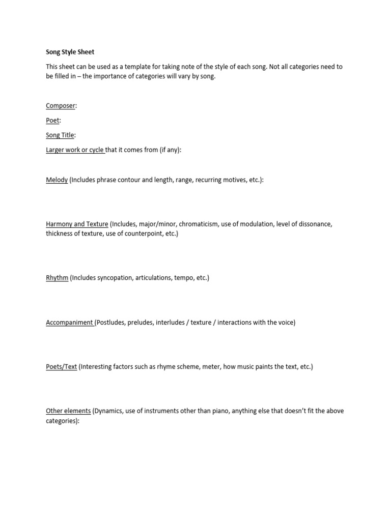 Song Style Sheet Template | PDF