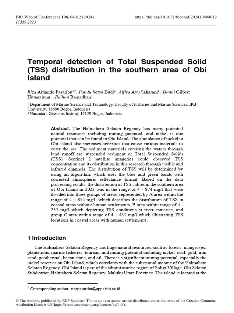 Temporal Detection of Total Suspended Solid (TSS) Distribution in The ...