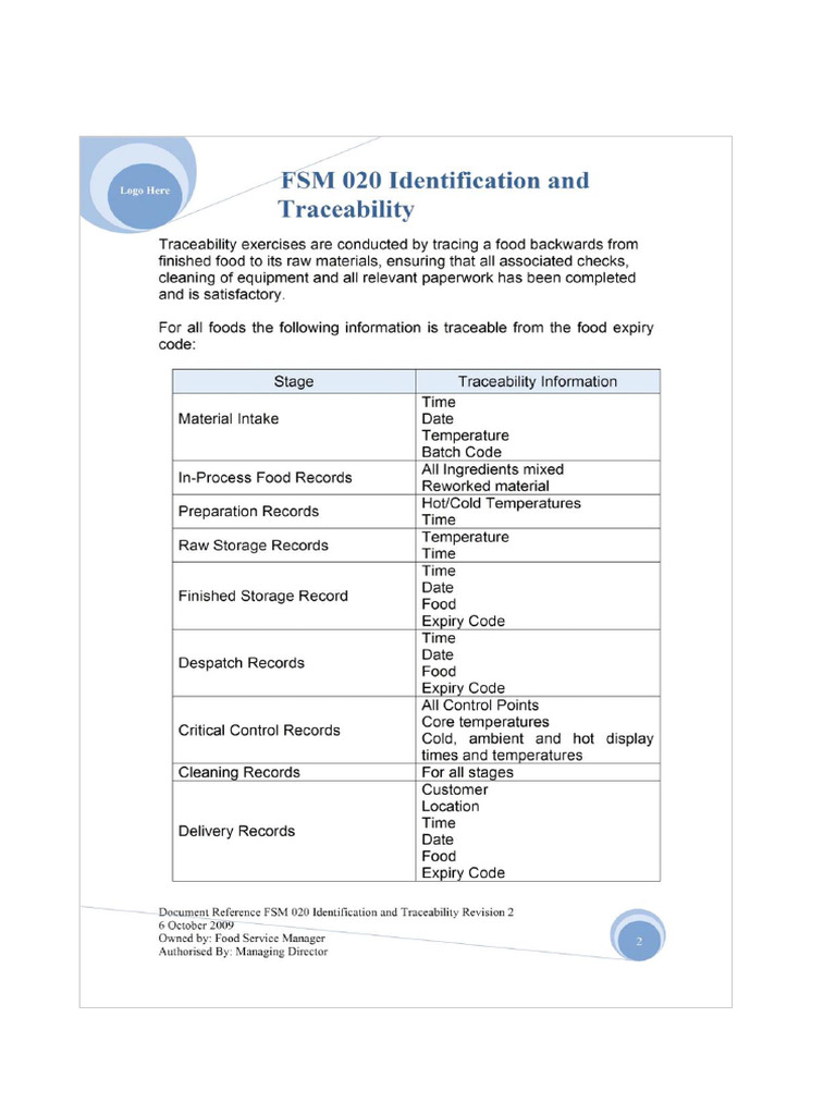Catering Identification and Traceability Procedure Sample | PDF