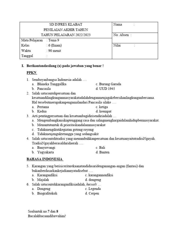 Soal Pas Kelas 6 Tema 9 | PDF | Dewasa Muda
