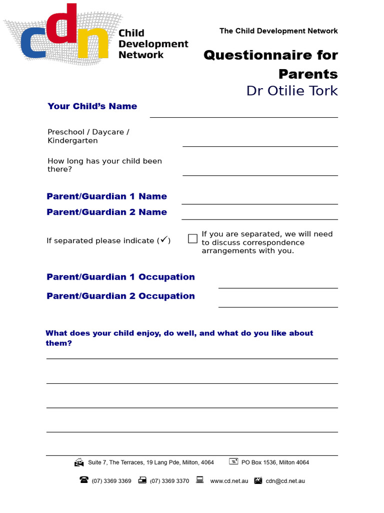 Parent Questionnaire PreSchool OT | PDF | Family | Behavioural Sciences