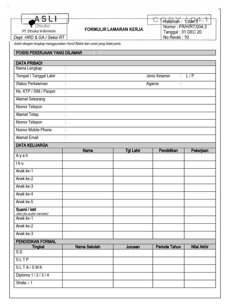 Formulir Lamaran Kerja Lengkap | PDF