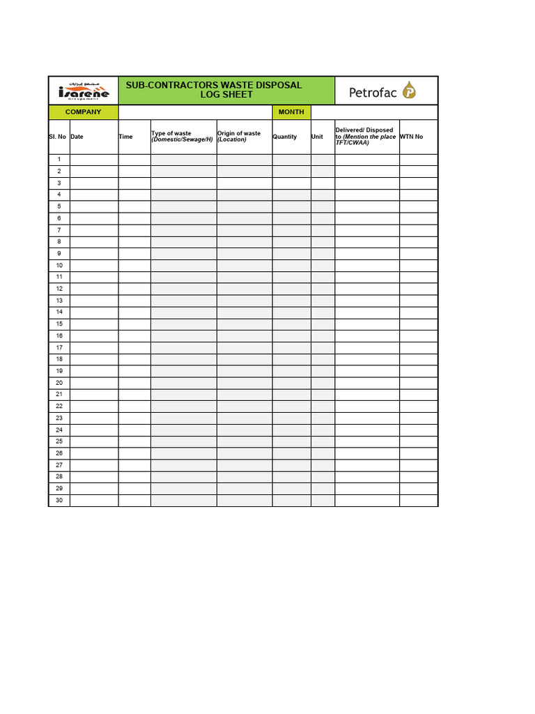 Waste Disposal Log Sheet | PDF