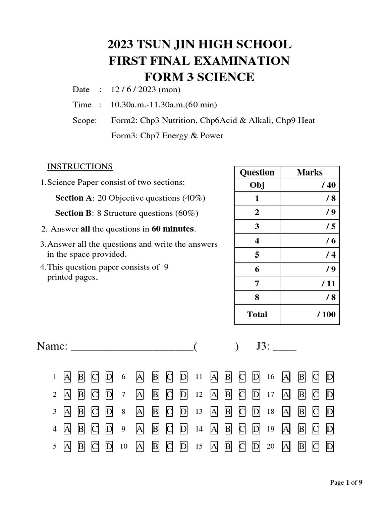 J3 - Science 2023 1st Final | PDF | Digestion | Heat Transfer