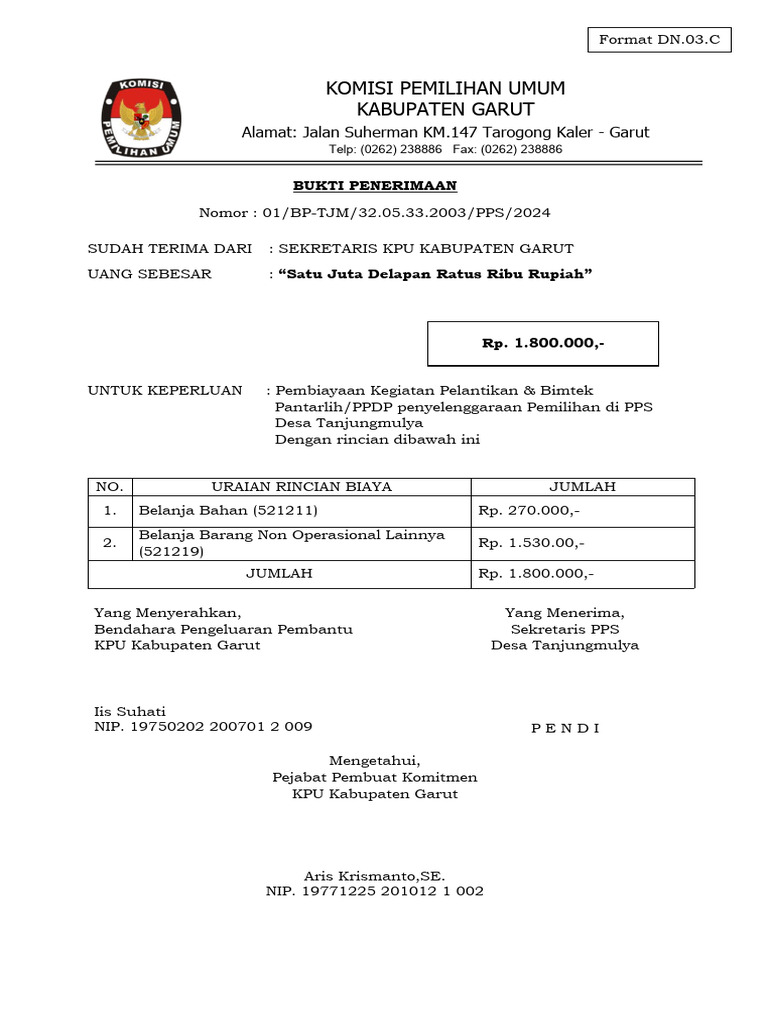Format DN.03.C Bukti Penerimaan Dana Tahapan Pemilu PPK | PDF