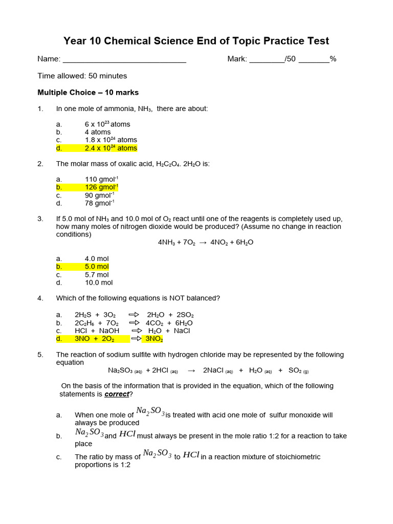 Year 10 Chemical Science Practice Test | PDF | Hydroxide | Acid