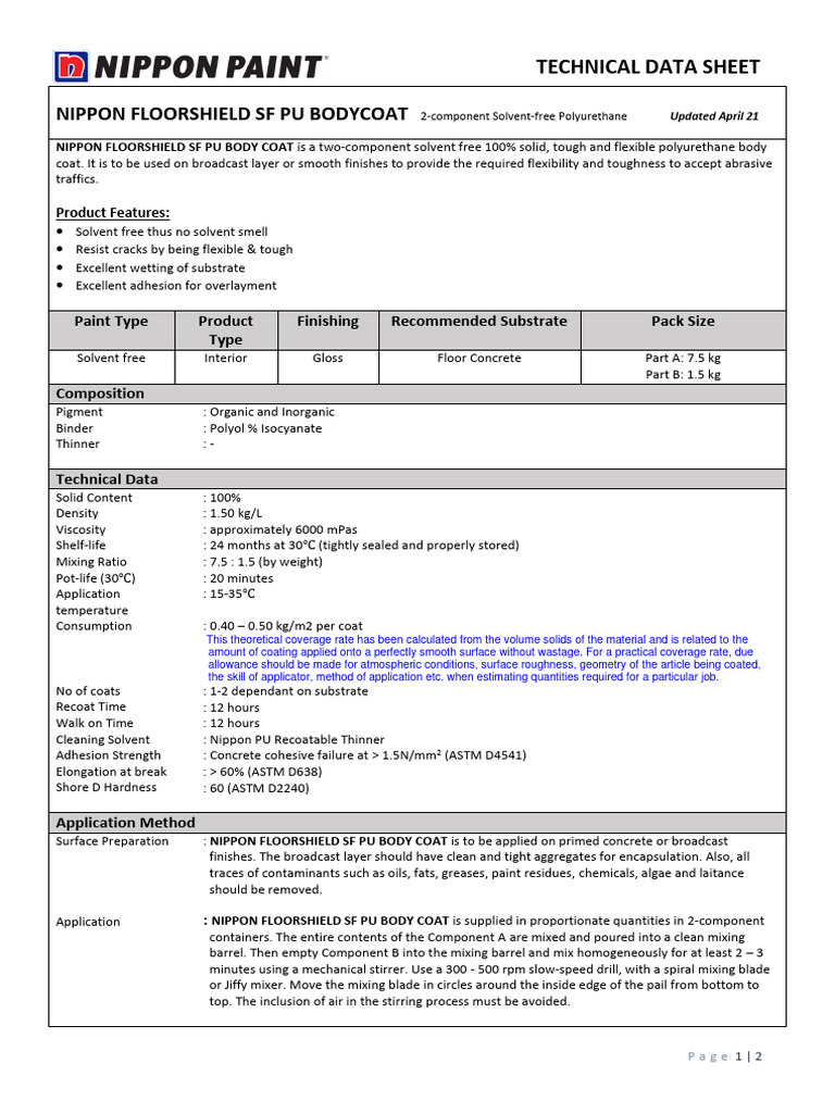 Nippon Floorshield Solvent Free Pu Bodycoat | PDF | Polyurethane | Paint