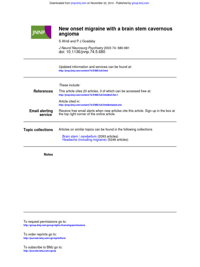 New Migraine After Brain Stem Angioma | PDF | Headache | Migraine