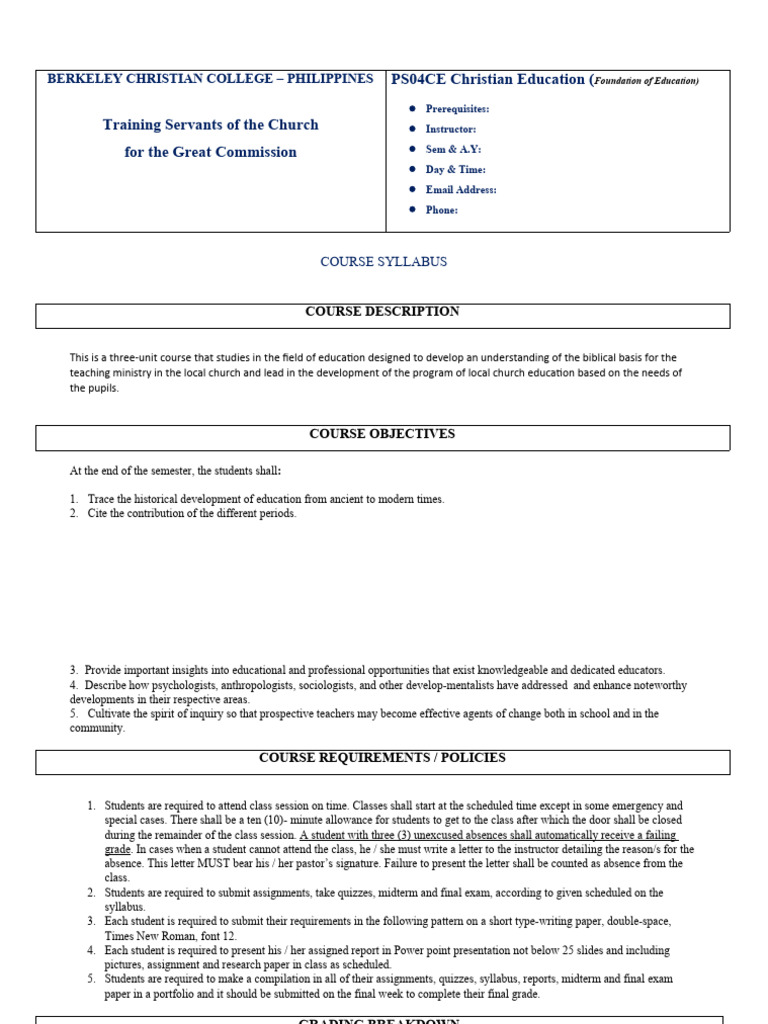 Christian Education Course Syllabus | PDF | Teachers | Sociology