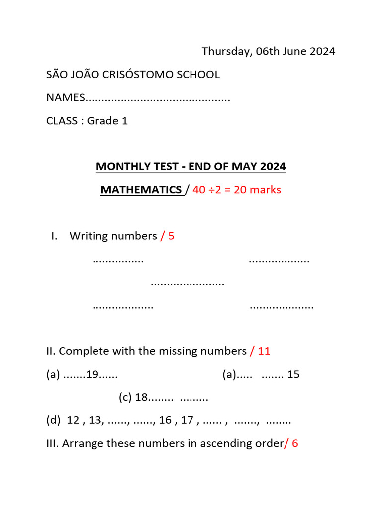 Grade 1 Mathematics Monthly Test | PDF | Art
