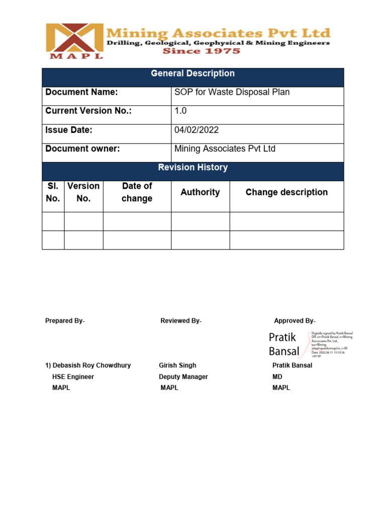 Sop For Waste Disposal Plan | PDF | Waste | Waste Management