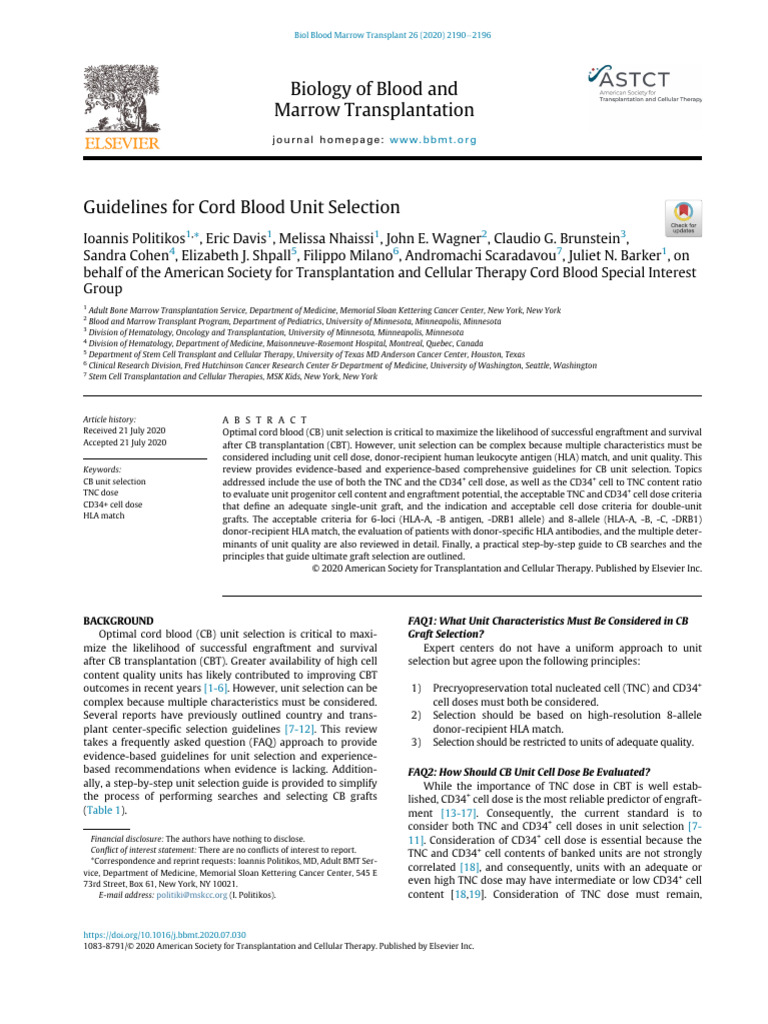 Guidelines For Cord Blood Selection | PDF | Human Leukocyte Antigen ...