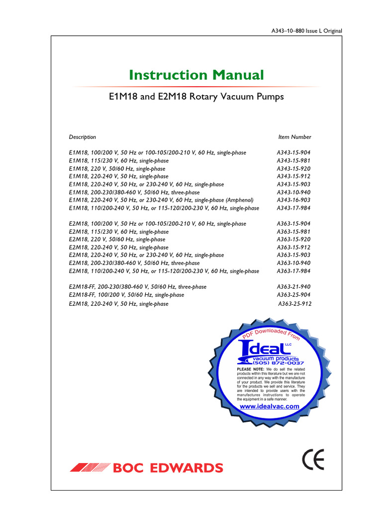 Edwards E1M18 E2M18 Users Instruction Manual | PDF | Pump | Electric Motor