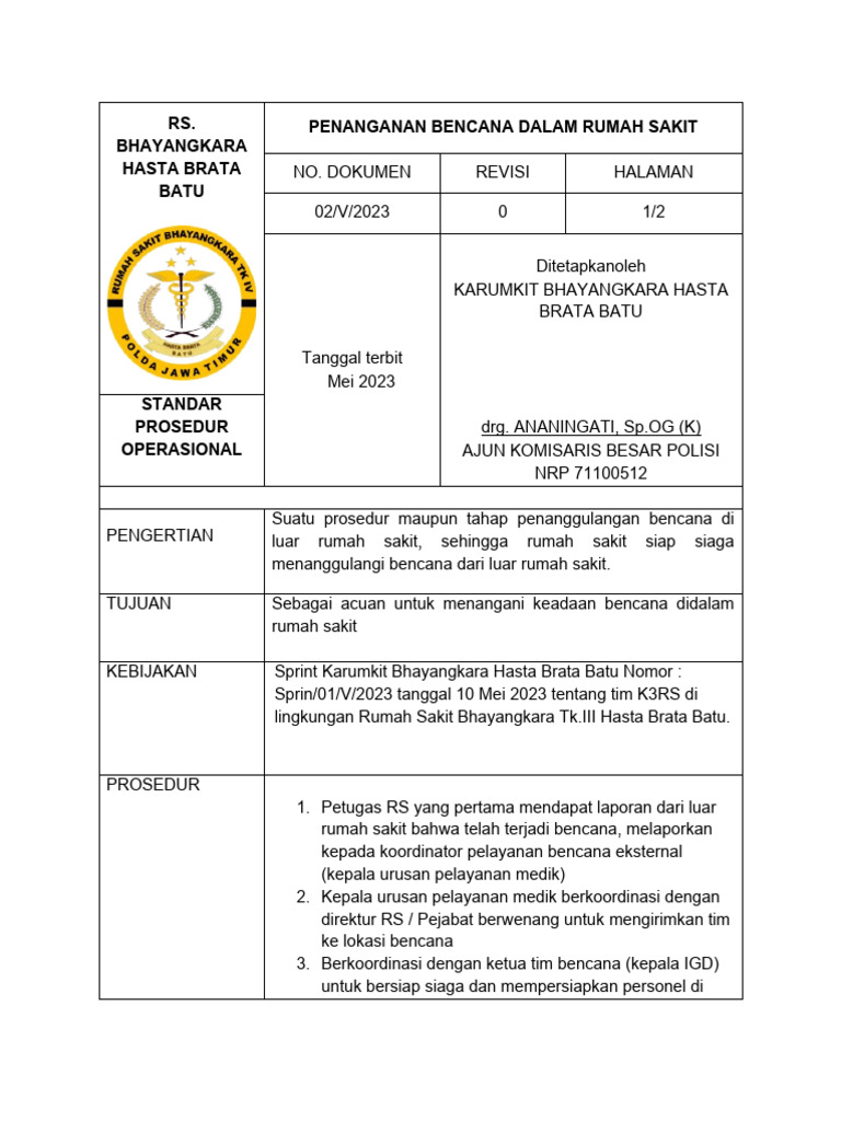 Sop Penanganan Bencana Eksternal Rumah Sakit | PDF