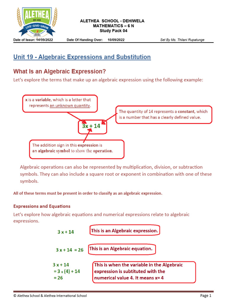6N - Maths - T3 - 04 (Algebraic Expressions and Substitution) | PDF