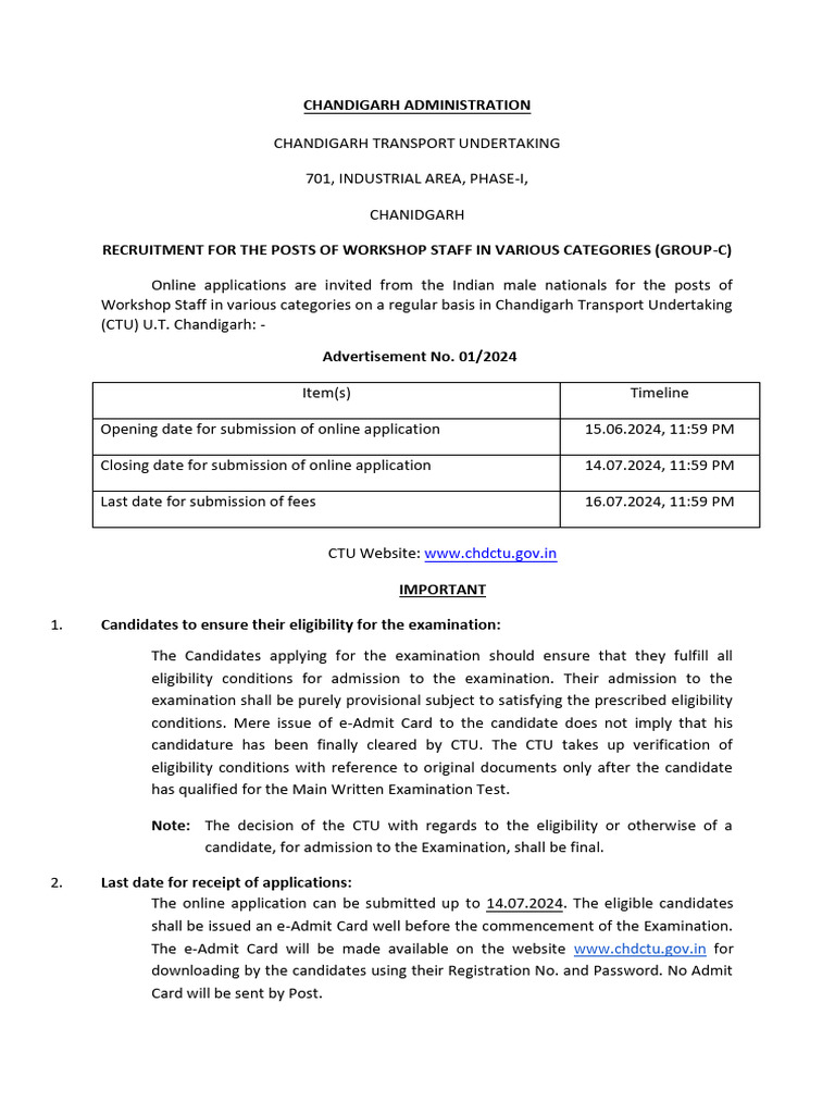 Chandigarh Ctu Workshop Staff Notification 2024 Pdf Recruitment