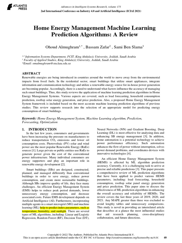 Home Energy Management Machine Learning Prediction Algorithms A Review