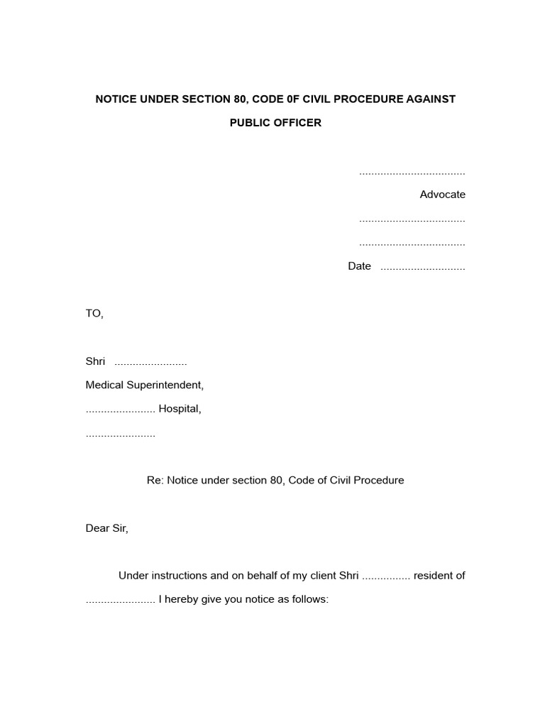 Notice Format Under Section 80 CPC | PDF | Surgery | Pain
