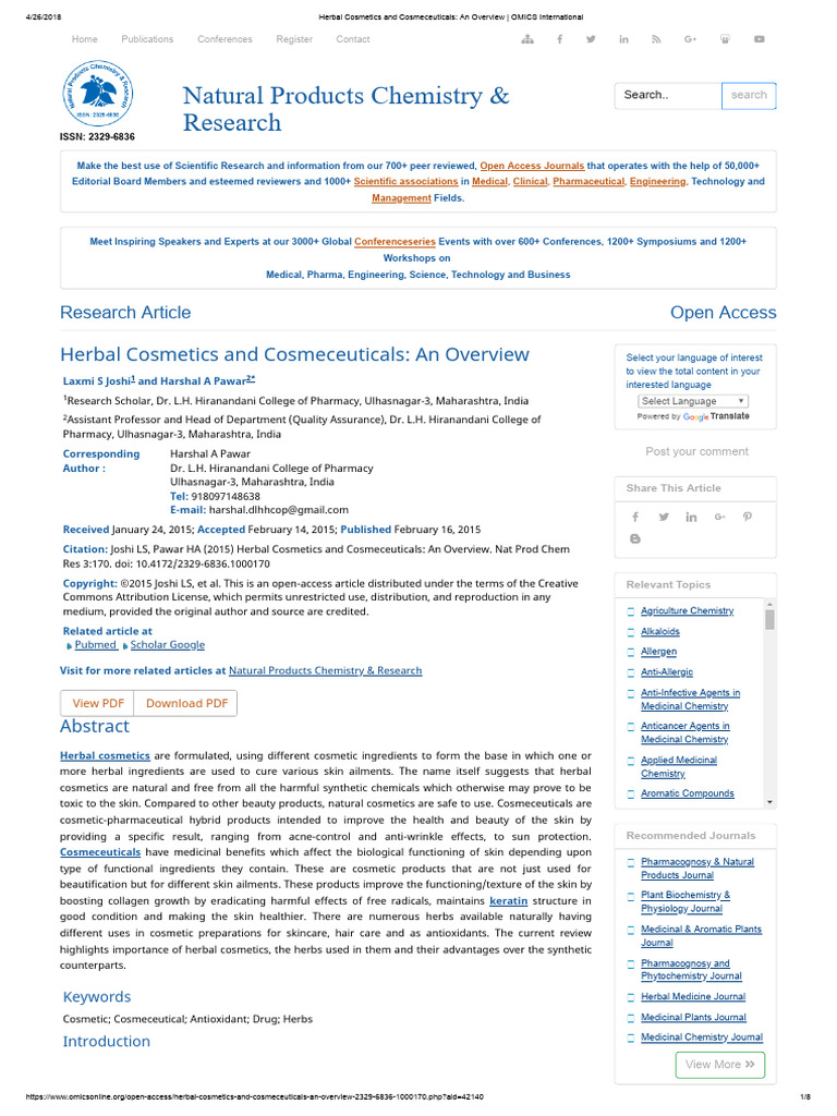 Herbal Cosmetics and Cosmeceuticals - An Overview - OMICS International ...