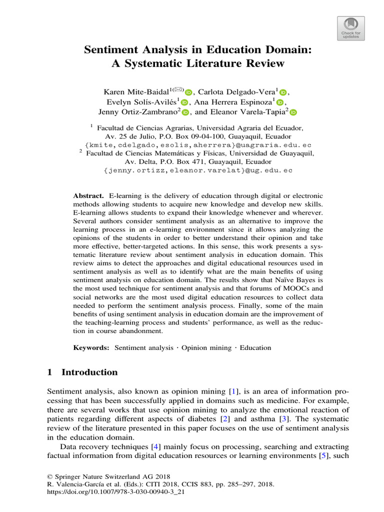 Sentiment Analysis in Education Domain: A Systematic Literature Review | PDF | Machine Learning ...
