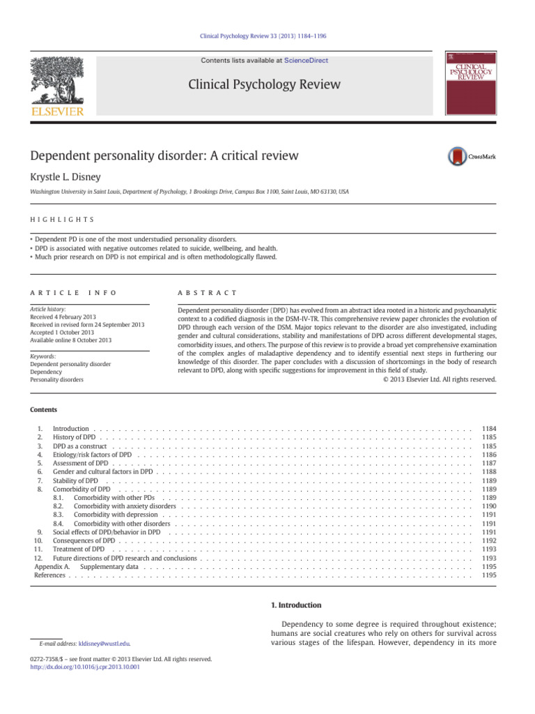 Dependent Personality Disorder A Critical Review | PDF | Diagnostic And ...