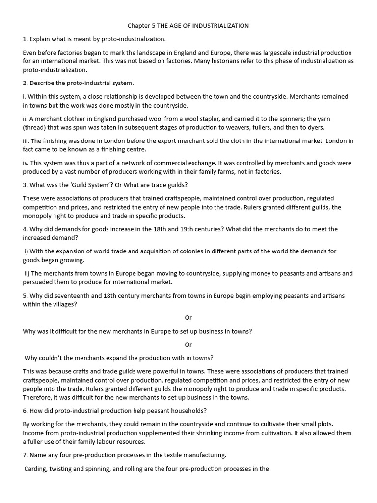 Chapter 5 THE AGE OF INDUSTRIALIZATION Q-ANS | PDF | Textile Industry ...