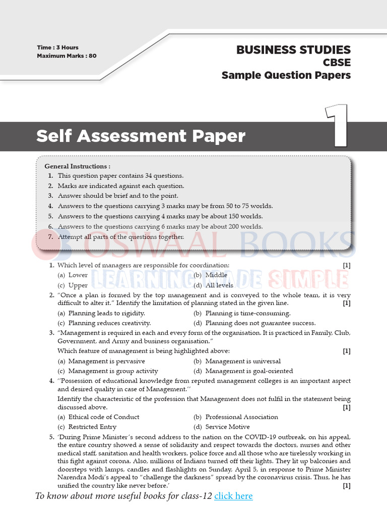 CBSE Sample Question Paper Business Studies Class 12 | PDF | Brand ...