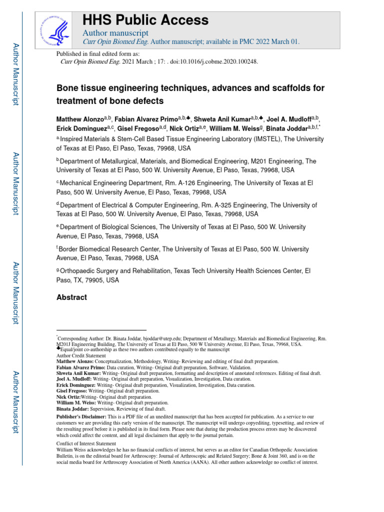 2021 - Bone Tissue Engineering Techniques, Advances and Scaffolds For ...