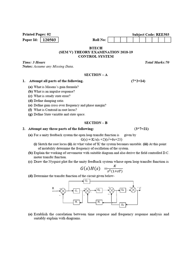 Control System Exam Paper 2018-19 | PDF | Control Theory | Feedback