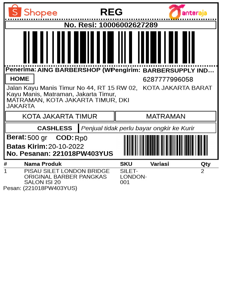 Pesanan BSI Shopee untuk Barbersupply | PDF
