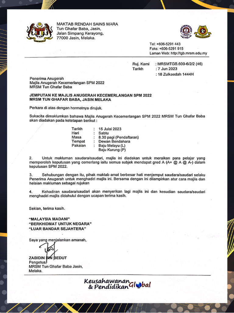 Surat Jemputan Majlis Anugerah Kecemerlangan SPM2022 | PDF