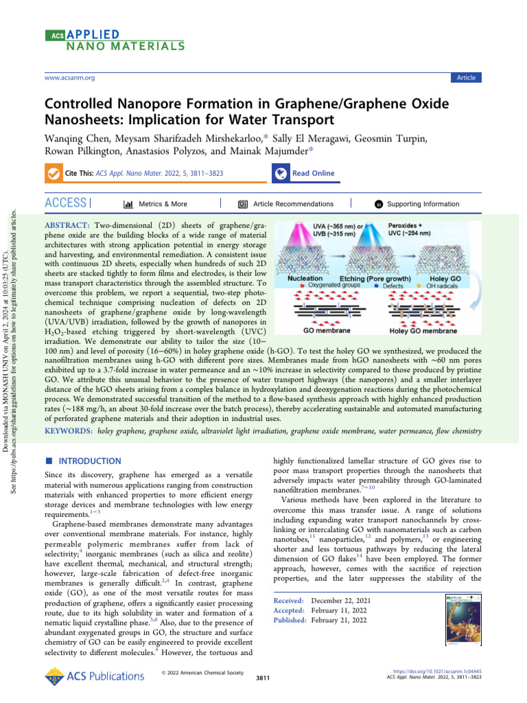 Nanopore Formation in Graphene Oxide | PDF | Ultraviolet | Graphene
