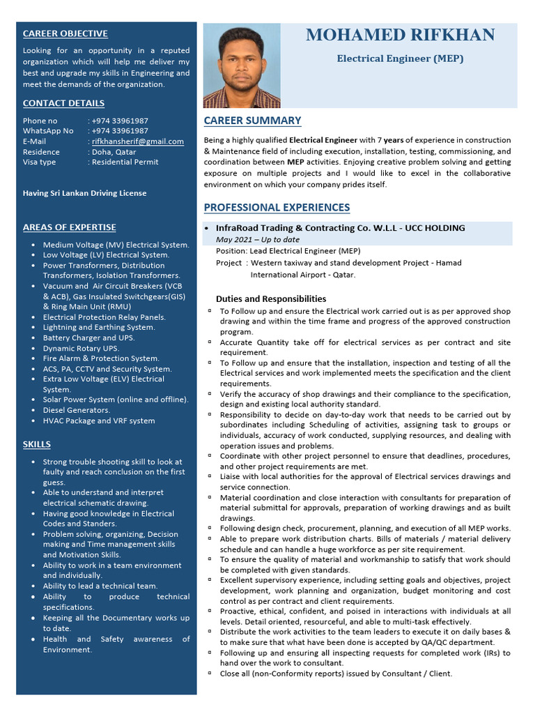 Electrical Engineer - Rifkhan | PDF | Consultant | Electrical Engineering