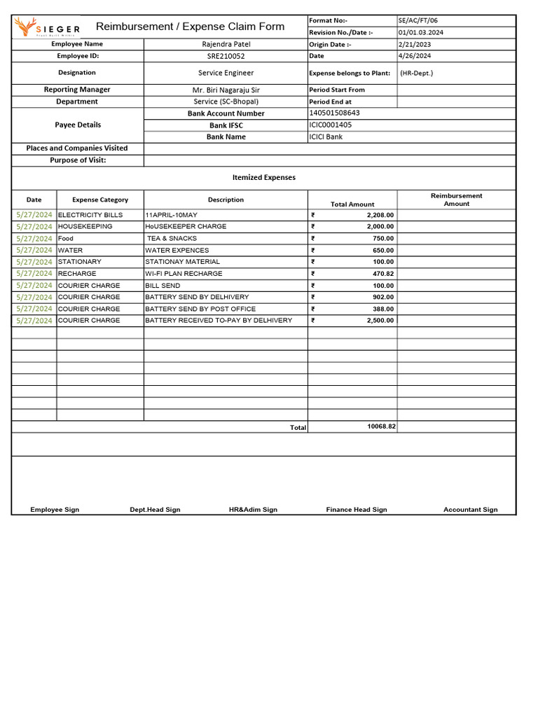 Reimbursement / Expense Claim Form | PDF | Electric Power | Electricity