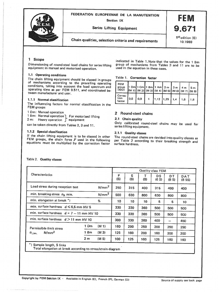 FEM 9.671-Chain Qualities, Selection Criteria and Requirements | PDF