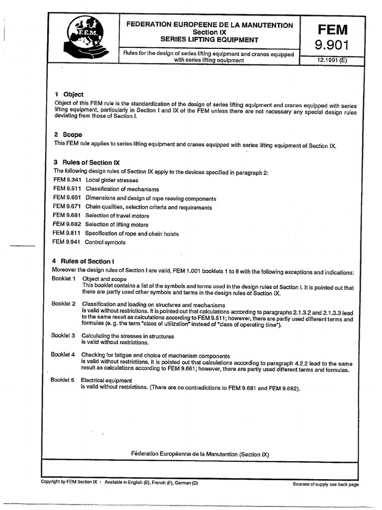 FEM 9.901-Rules For DEsign of Series Lifting Equipment and Cranes Equipped With Series Lifitng ...