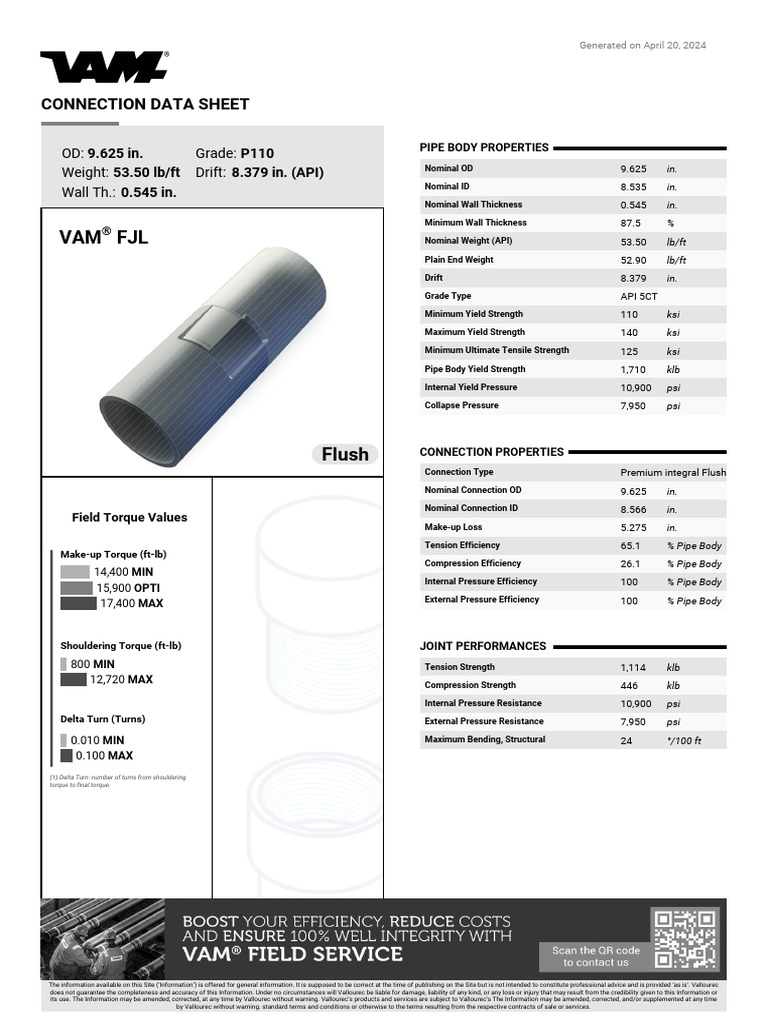 CDS VAM® FJL 9.625in. 53.5lb-ft P110 API Drift 8.379in. 87.5% | PDF ...