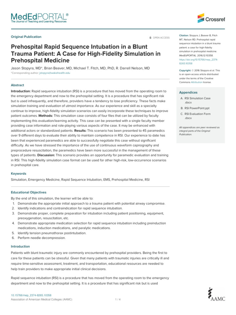 Stopyra Et Al 2016 Prehospital Rapid Sequence Intubation in A Blunt ...