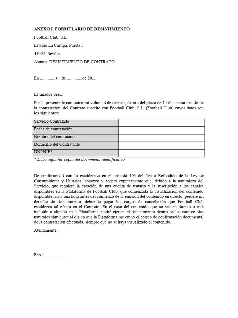 ANEXO I T&C. Formulario Desistimiento | PDF