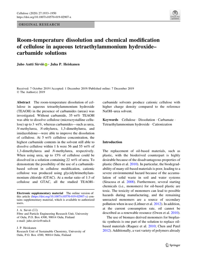 Dissolution and Chemical Modification of Cellulose | PDF | Solvation | Urea