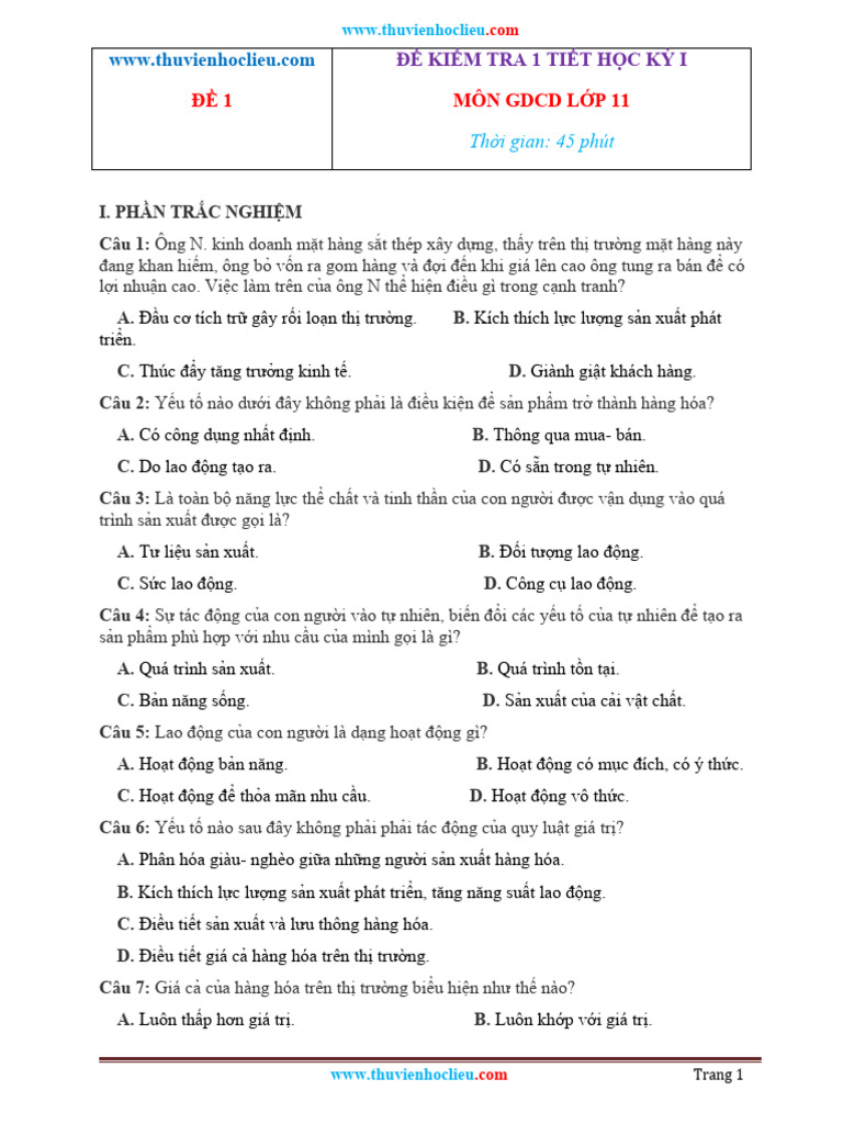 Bo de KT 1 Tiet GDCD 11 HK1 | PDF