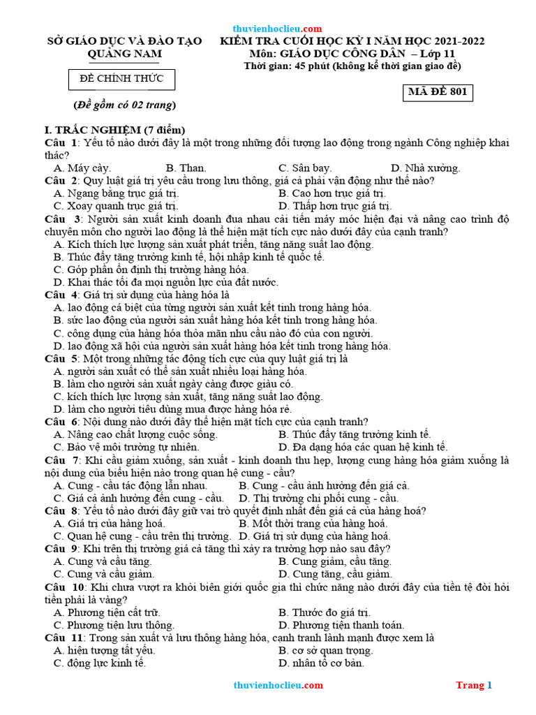 De KT Cuoi Ki 1 GDCD 11 So GD DT Quang Nam 2021 2022 | PDF