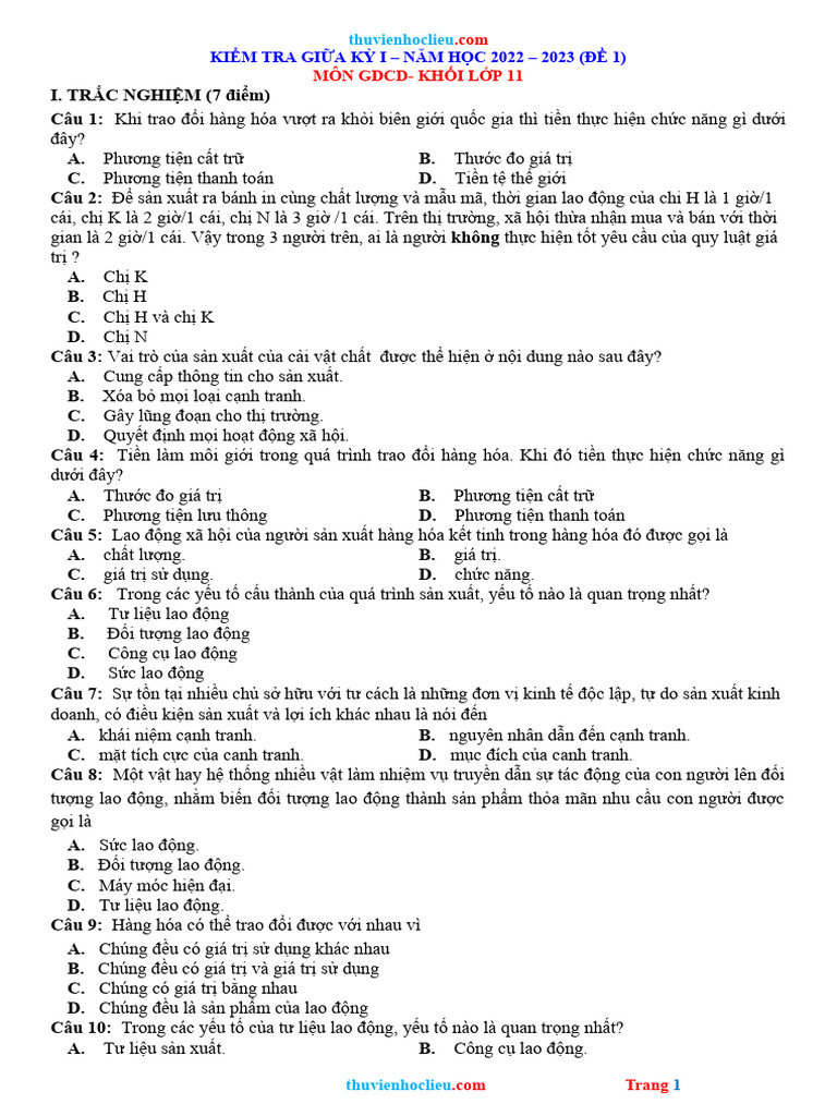 De KT Giua HK1 GDCD 11 de 1 | PDF